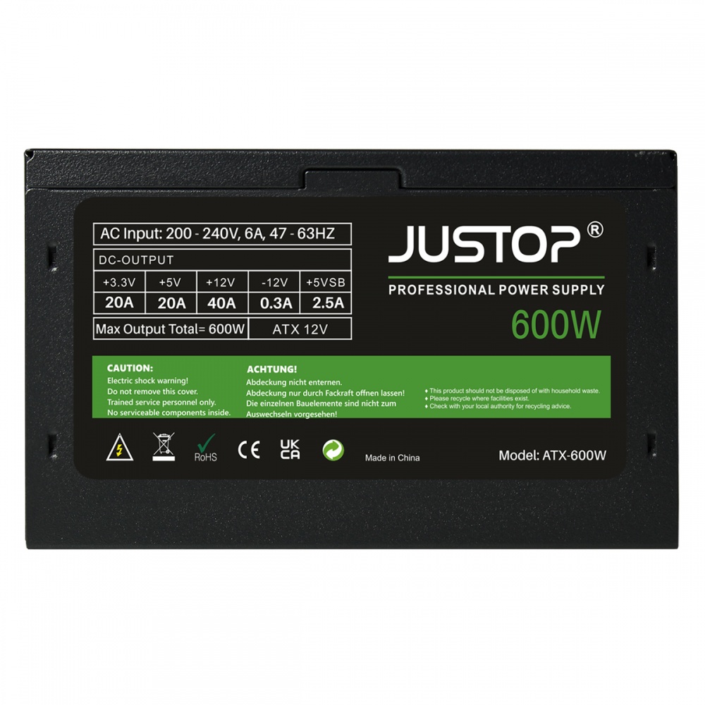 JUSTOP 600W PSU Black ATX Power Supply With 120mm Fan - DigiDirect